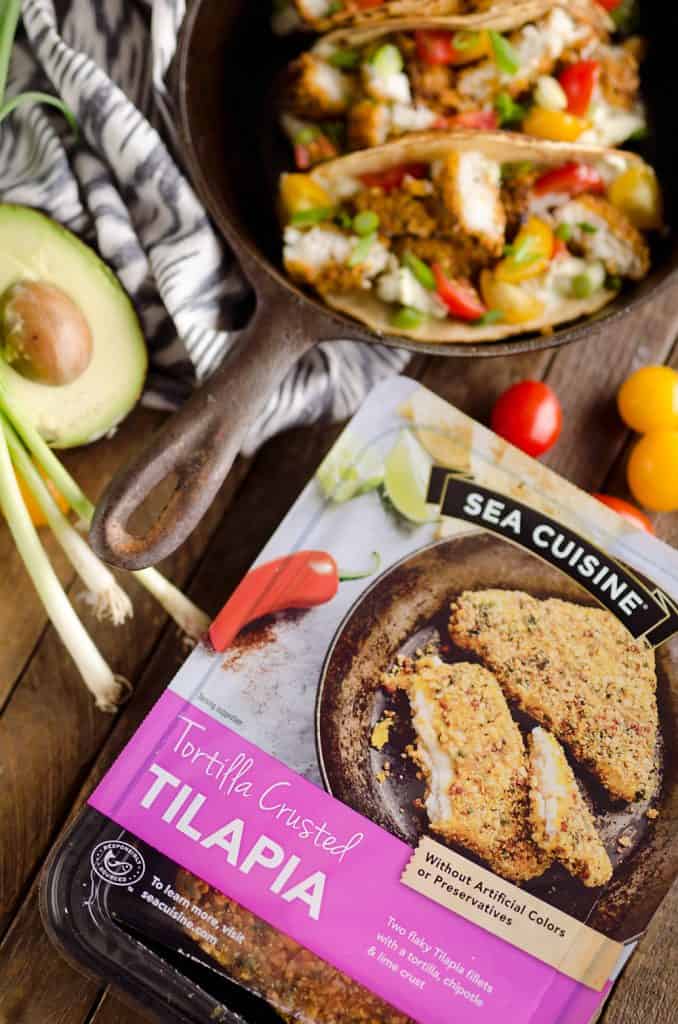 Tortilla Crusted Fish Tacos with Avocado Crema