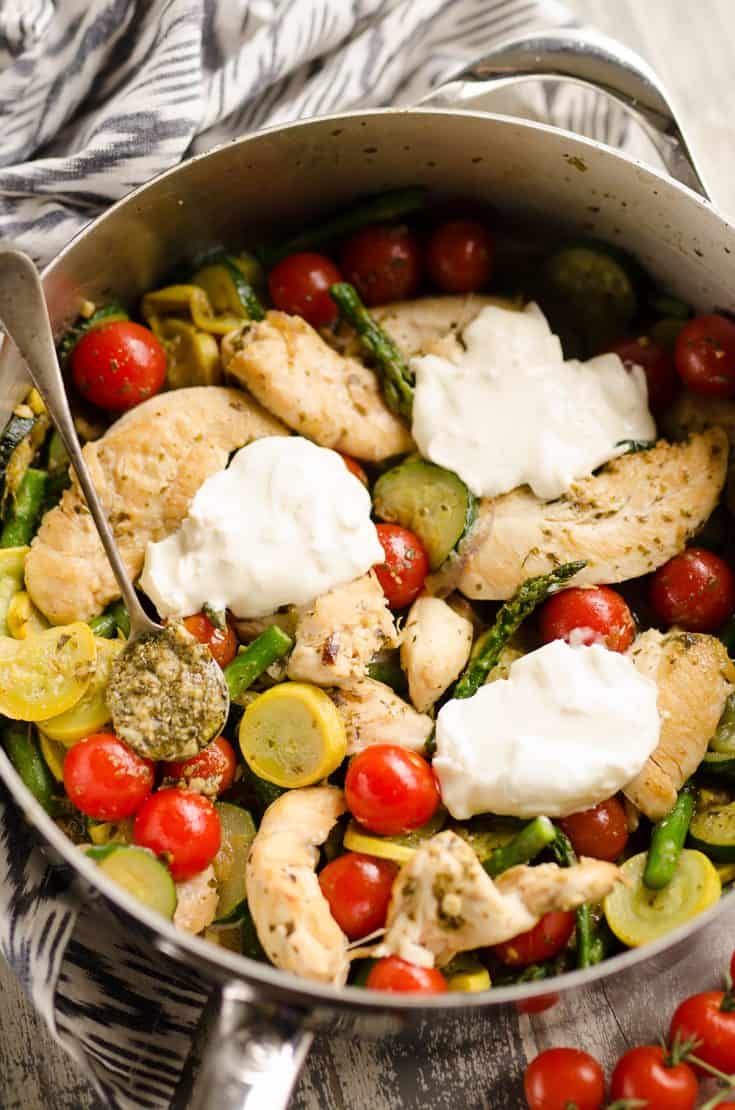 Pesto Chicken & Vegetable Skillet with Burrata - 20 Minute Recipe